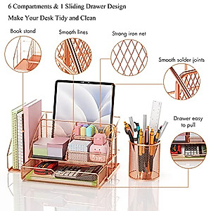 MooManGoo Rose Gold Office Desk Organizers and Accessories with Sliding Drawer, Pen Holder, Stapler, 6 Compartments +72 Clips Set, Office Supplies Mesh Desktop File Organizer for Women Home School