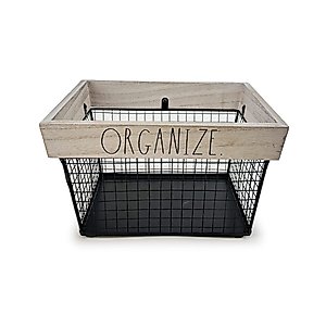 Rae Dunn Organize Wire Storage Basket – Metal and Light Wood Organizer – Decorative Storage Bin – Home & Office Organizers for Desk, Bedroom, Living Room, Closet and More White Wash /inOrganize/in