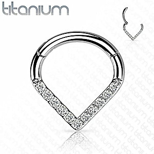 16G 5/16" IMPLANT GRADE TITANIUM CZ TEAR DROP CHEVRON NOSE SEPTUM HINGED CLICKER Style 88888-1820