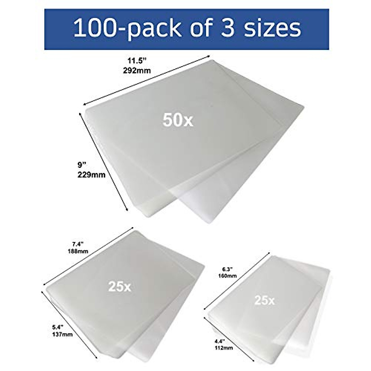 Jasel 100-pack Thermal Laminating Pouches Bundle Pack, 5 Mil Thickness, Assorted Hot Laminator Sheets Clear Pockets, Variety of Sizes for Letter Size 8.5x11 inch, Photo Sizes 5x7 inch and 4x6 inch