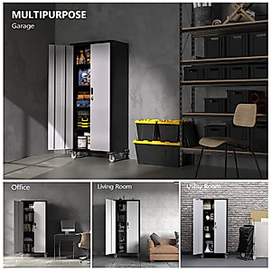 Bonnlo 72" Tall Sliver&Black Garage Storage Cabinets with Locking Doors and 4 Adjustable Shelves, Metal Storage Cabinets with Wheels for Garage, Office, Kitchen, Laundry&Utility Room, 32W x 16D x 72H