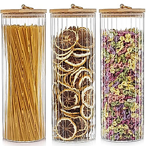 GoldArea Glass Spaghetti Storage Containers Airtight 3 PCS 70oz Food Storage Canisters Sets with Bamboo Lids Kitchen Pantry Storage Container for Pasta Noodles Flour Cereal Coffee Beans
