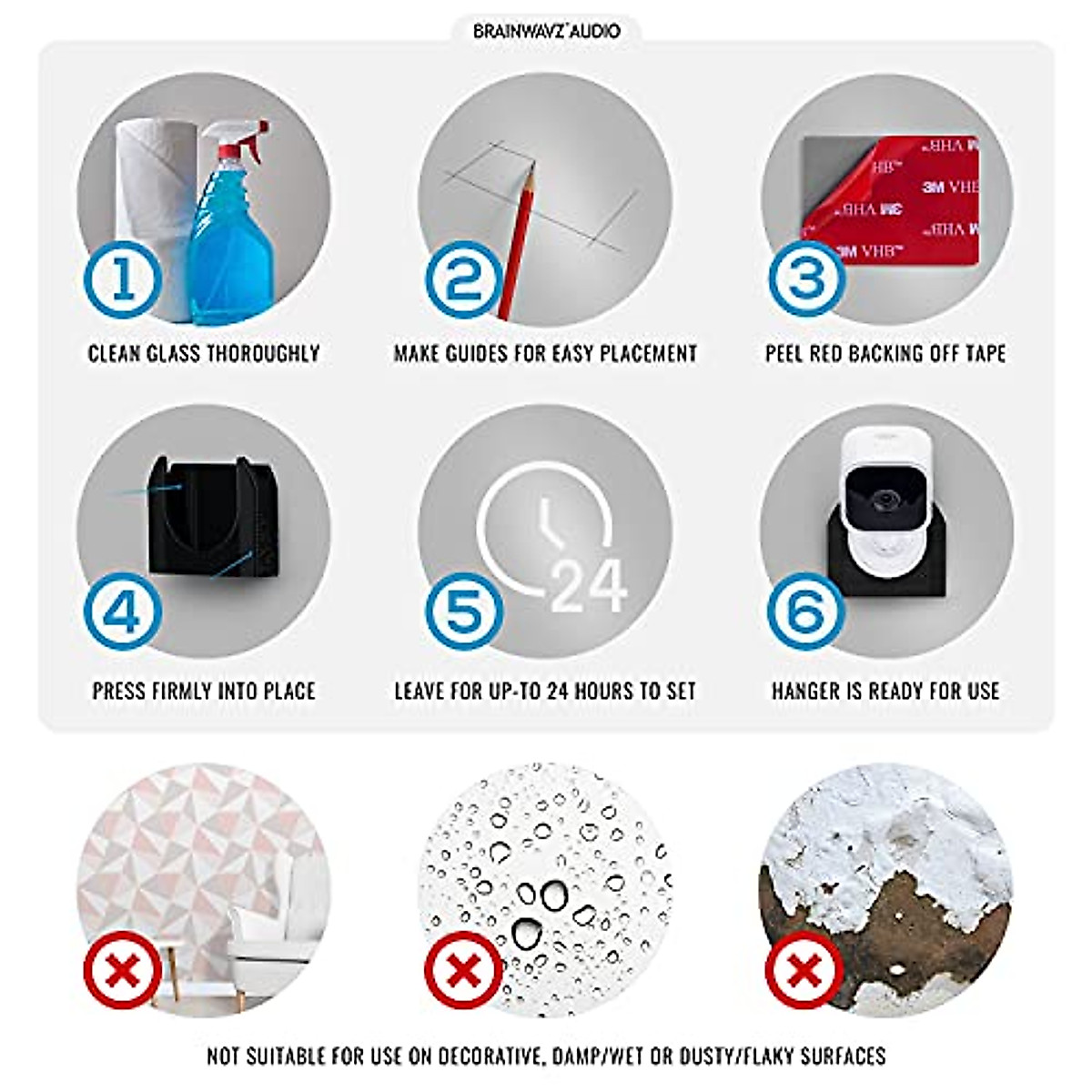 BRAINWAVZ Adhesive Wall Mount for Blink Mini Camera, 2 Pack, No Hassle Holder, Strong 3M VHB Tape, No Screws, No Mess Install, Bracket Stand (Black)