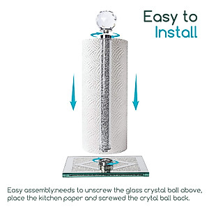 Crystal Paper Towel Holder, 13.3 x 6.3in Countertop Standing Paper Towel Roll Dispenser with Cube Base, Filled with Sparkly Crystal Crushed Diamonds for Home Decor Kitchen Bathroom-Silver