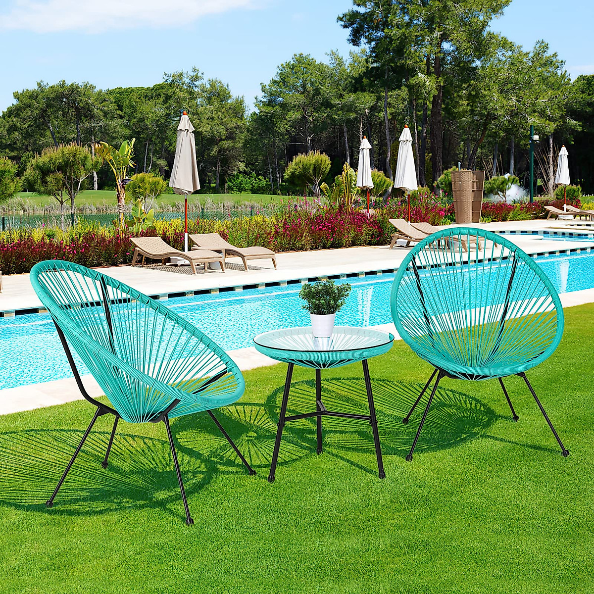 Arlopu 3-Piece Outdoor Acapulco Chairs Patio Conversation Bistro Set, with Plastic Rope, Glass Tabletop, All-Weather Rattan Woven Rope Mid-Century Modern Style Furniture Chat Set (Green)