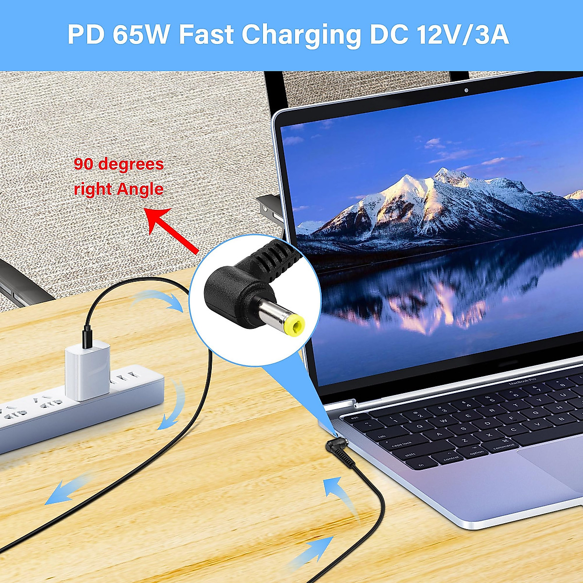 GINTOOYUN Type C to 90 Degree DC 4.8 x 1.7 mm Power Charging Cable USB-C Male Output to DC Input Power PD Charge Cable fit for Laptop 65W 12V (59inch)