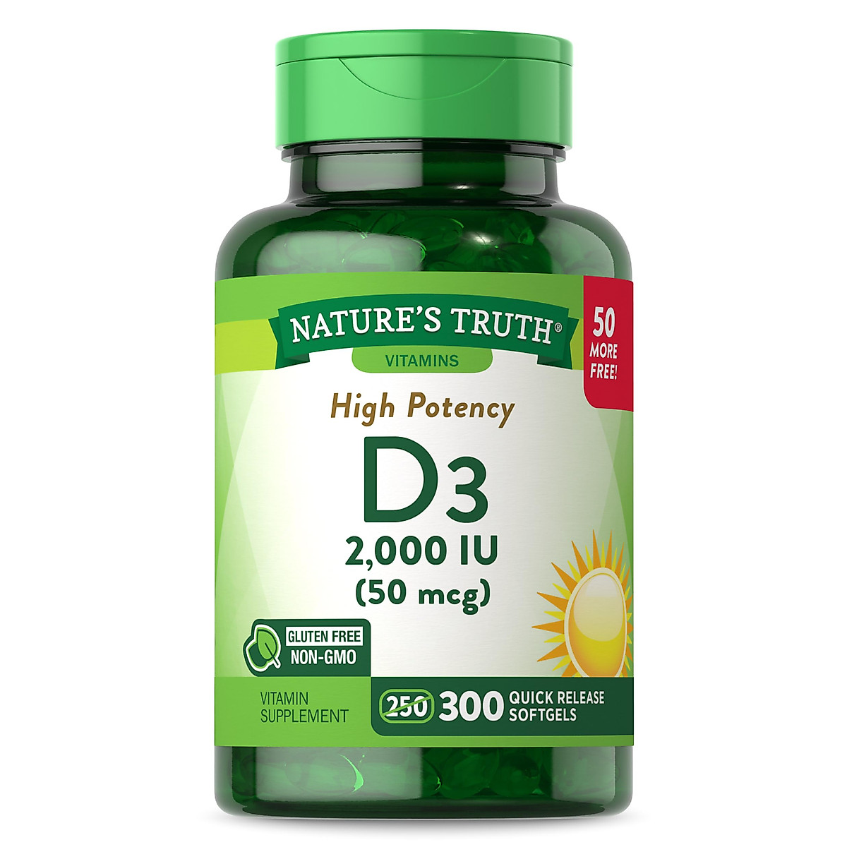 Vitamin D3 2000 IU | 300 Softgels | High Potency Formula | Non-GMO and Gluten Free Supplement | by Nature's Truth