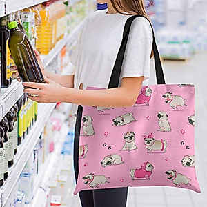 visesunny Women's Extra Large Canvas Tote Shoulder Bag Cute Cartoon Pug Top Storage Handle Shopping Bag Casual Reusable Tote Bag for Beach,Travel,Groceries,Books