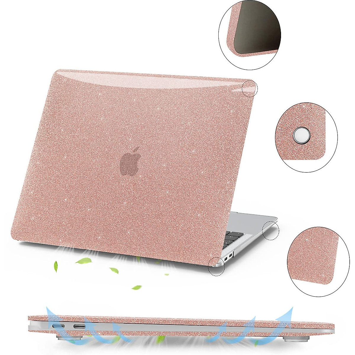 Anban Compatible with MacBook Air 13 inch Case 2022 2021 2020 2019 2018 Release A2337 M1 A2179 A1932 Touch ID, Glitter Smooth Hard Protective Case & Sparkle Laptop Sleeve & Keyboard Cover, Rose Gold
