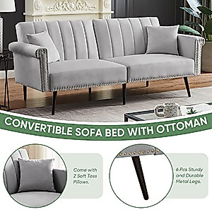 Antetek Convertible Futon Sofa Bed, Tufted Velvet Loveseat Sofa Couch with 3 Position Adjustable Backrest & 2 Toss Pillows, Mid-Century Modern Sofa for Living Room, Bedroom, Apartment, Grey