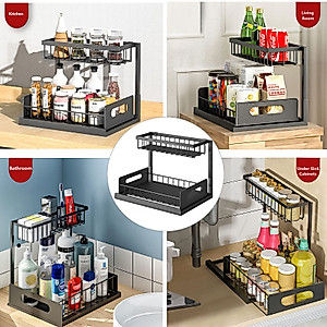 Under Sink Organizer Kitchen Storage L Shape Metal, 2 Tier Cabinet Bathroom Organizion with Pull Out Sliding Drawers, Multi-Use Countertop Storage Shelf, Under Rack for Kitchen, Office, Black