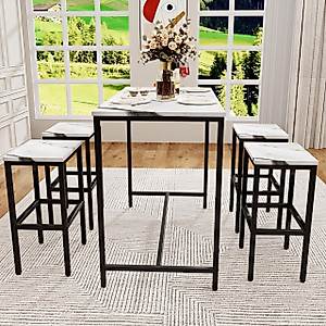Aklaus 5 Piece Bar Table Set Kitchen Dining Table Set for 4 Modern Counter Height Bar Table with Bar Stools Set of 4 Faux Marble Top Pub Table and Stools for Dining Room Breakfast Nook Home Bar