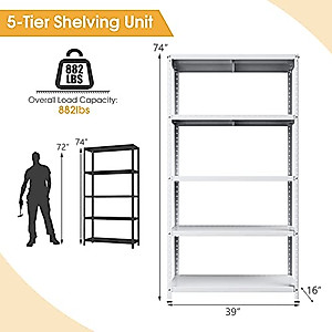 Tangkula Garage Storage Shelves for Free Combination, 5-Tier Heavy Duty Metal Shelving Unit, Multipurpose Organizing Rack for Basement Warehouse Garage, Simple Assembly, 39 x 16 x 74 Inch (1, White)