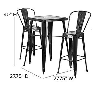 EMMA + OLIVER Commercial 23.75SQ Silver Metal Indoor-Outdoor Bar Table Set-2 Stools-Backs