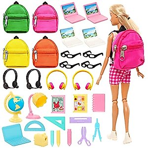 Joyfun 31 Pcs 11.5 inch Doll School Accessories 4 Doll Backpack Bag with Zipper with 4 Computers 7 Pcs Study Accessories 8 Pcs Stationery Sets 4 headsets for 11.5 inch Doll
