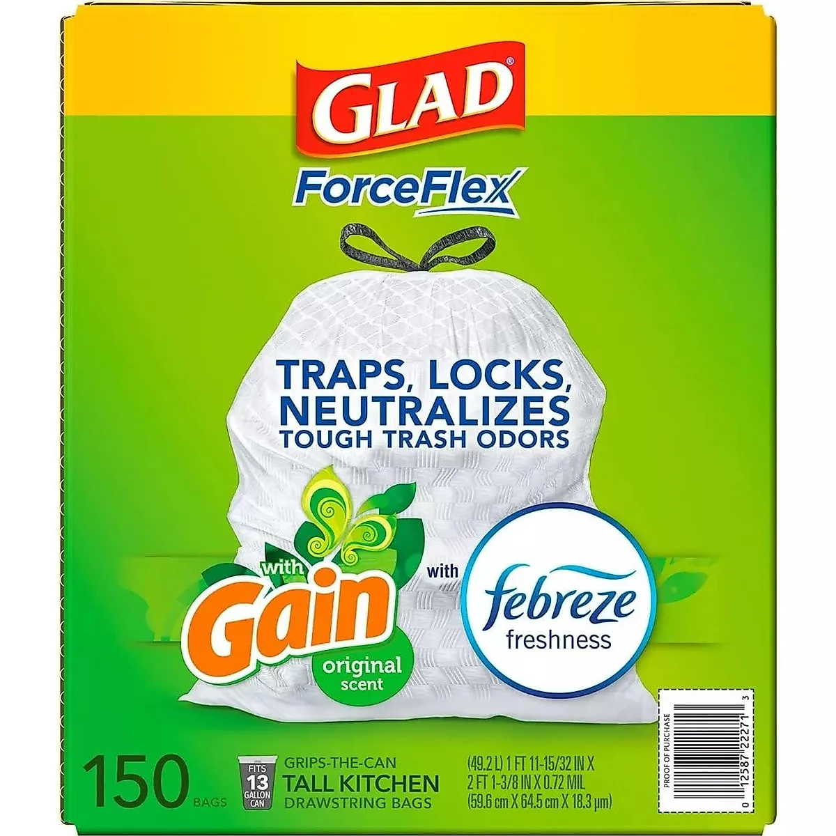 GLAD ForceFlex Tall Kitchen Drawstring White Trash Bags, Gain Original Scent with Febreze Freshness (13 gal, 150 ct.)