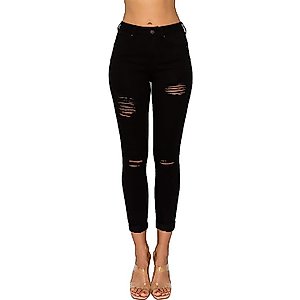 Wax Jean Women's 'Butt I Love You' Push-Up High Rise Destructed Capri Jeans in Heritage Denim Fabric, Black, 7