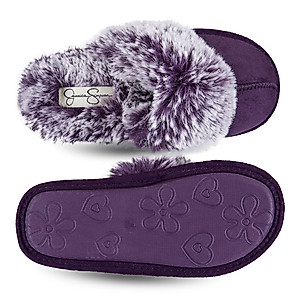 Jessica Simpson Girls Comfy Slippers - Cute Faux Fur Slip-On Shoes Memory Foam House Slipper, Purple, Large Little Kid