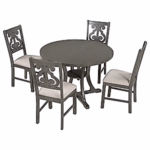 Goozio 5-Piece Round Dining Table and 4 Fabric Chairs with Special-Shaped Table Legs and Storage Shelf,Gray
