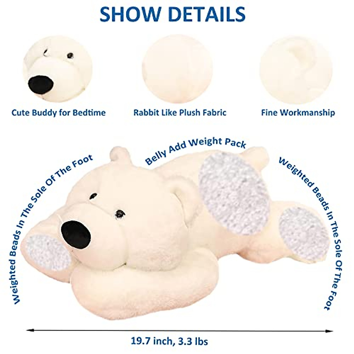 ronivia Weighted Stuffed Animals, 19.7" 3.3lbs Weighted Bear Stuffed Animal Toy Cute White Bear Plush Pillow Weighted Plush Animals Toy