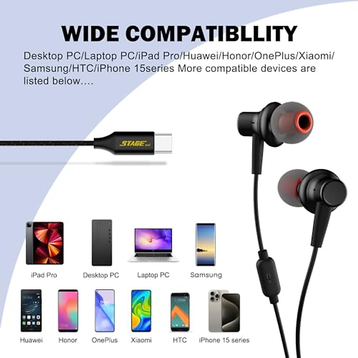 USB Type C Headphones with Super Bass and 7.1 Surround, 4 Sound Effects&Karaoke Mode in Ear Earphones Wired Earbuds for Samsung Galaxy S22 S21 S20 Ultra Plus Note20, iPhone 15 15Pro 15Pro Max iPad Pro
