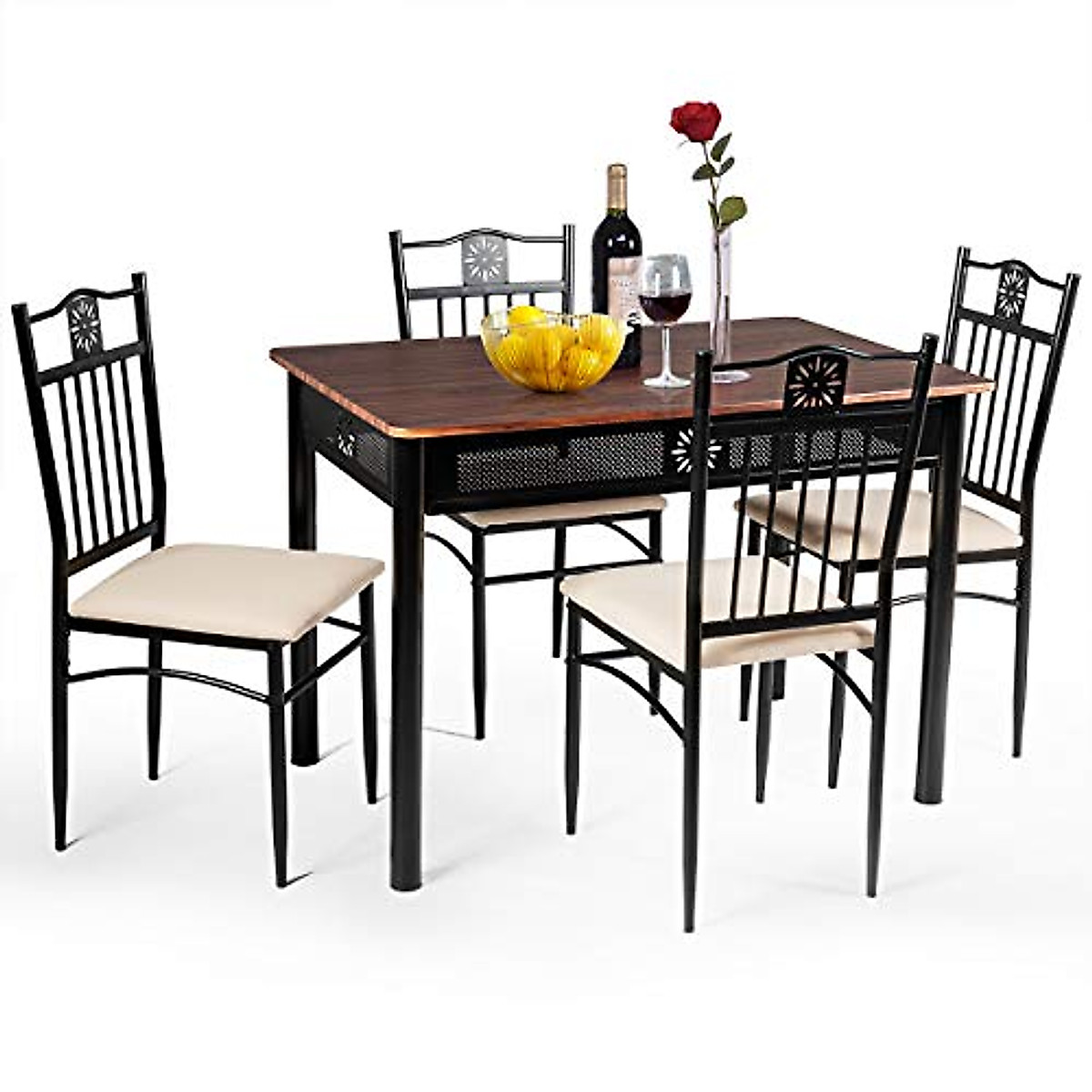 Tangkula 5 Piece Dining Table and Chairs Set Vintage Retro Wood Top Metal Frame Padded Seat Dining Table Set Home Kitchen Dining Room Furniture