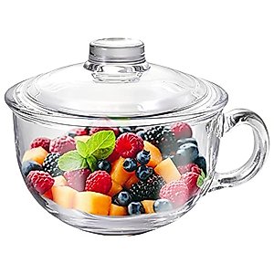 Glass Cereal Bowl Glass Soup Bowl with Handle, Clear Small Bowls with Glass Lid Oatmeal Breakfast Bowls Microwave Safe Glassware Yogurt Bowl for Dessert Pasta Rice,500ml/16 oz