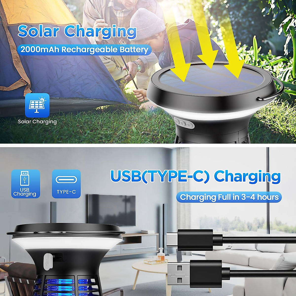 ZECHUAN Solar Bug Zapper Outdoor Waterproof, Portable Pest Control Electric Mosquito Zapper Killer with Panel Sensor, Rechargeable Insect Trap Fly Zapper for Home, Patio, Backyard, Camping