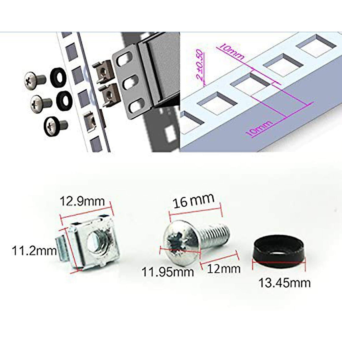 RION TECH M6 Cage Nuts & Screws for Server Shelves Cabinets, Lengthened 16mm- Rack Mount Screws (50 Pk)