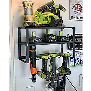 OUUO 3 Tiers Tool Garage Organization Drill Holder Heavy Duty Carbon Steel Power Tool Organizer - USA Designed Garage Storage Shelves - Garage Wall Mount Shelf - Power Tool Storage Rack