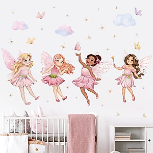wondever Fairy Wall Stickers Elves Butterfly Girls Peel and Stick Wall Art Decals for Girls Bedroom Kids Room Baby Nursery