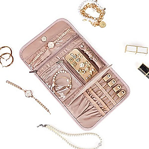 BELALIFE Travel Jewelry Case Organizer, Foldable Jewelry Storage Roll for Earrings, Necklaces, Rings, Bracelets, Brooches, Pink