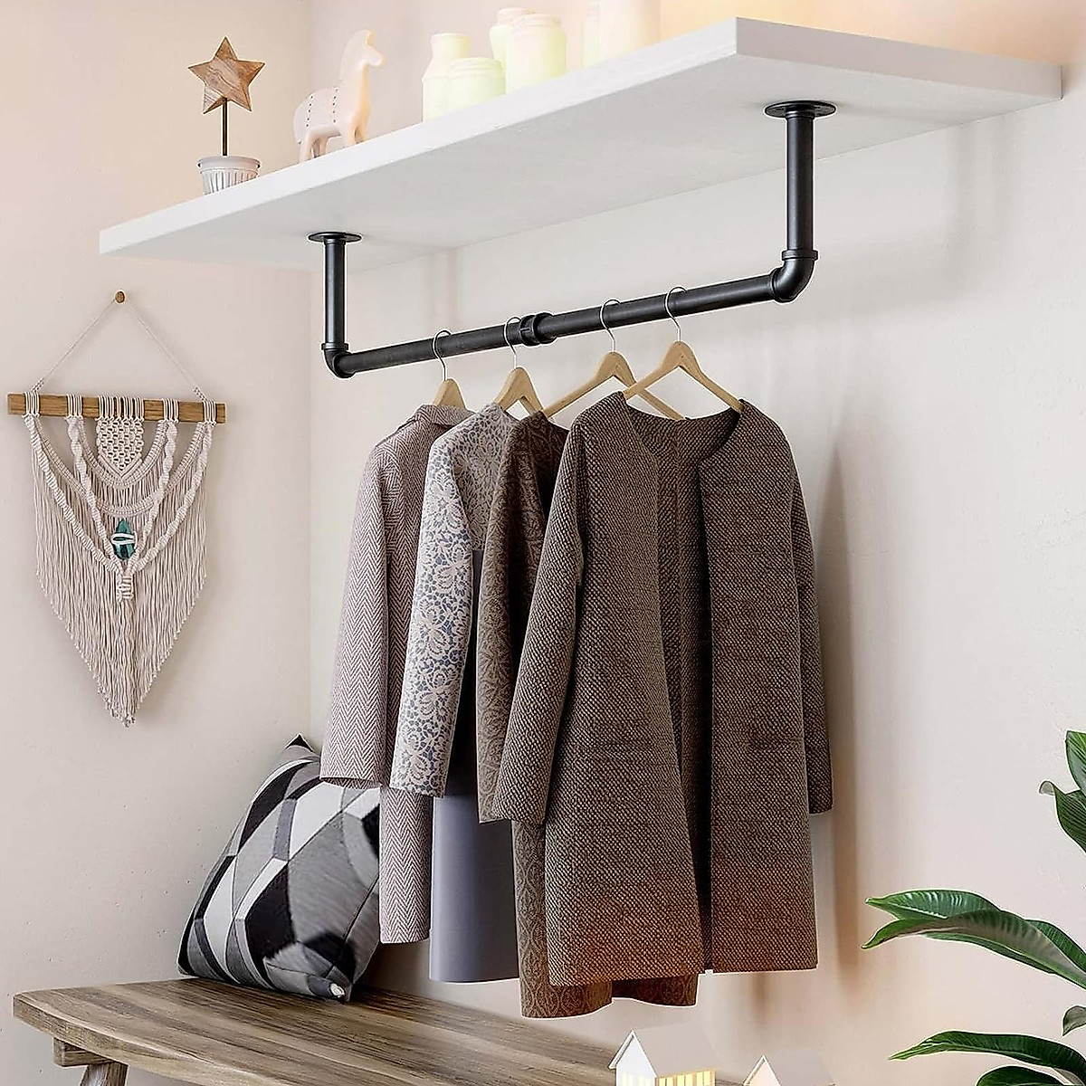 Clothes Rack, Industrial Pipe Wall Mounted Garment Rack, Heavy Duty Iron Pipe Clothing Garment Rail Multi-Purpose Detachable Hanging Clothes Shelf Hanging Rod ( Color : 2pcs , Size : L-49cm(19.3in) )