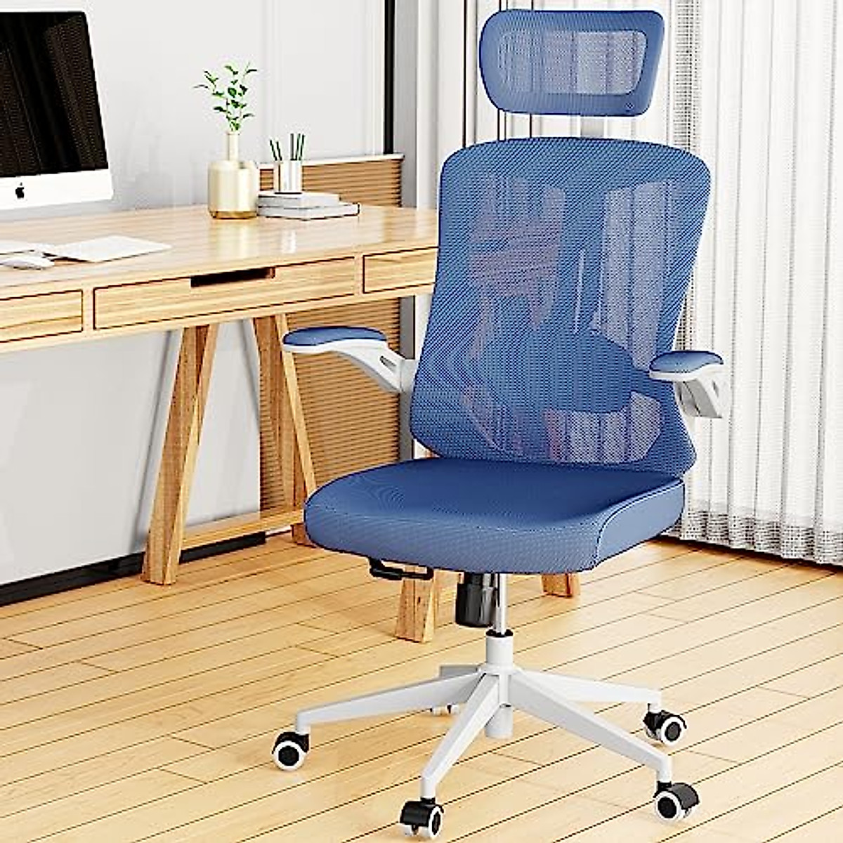 balmstar Ergonomic Office Chair, Home Office Desk Chair with Adjustable Headrest & Lumbar Support, Swivel High Back Computer Chair, Breathable Mesh Desk Chair, PU Silent Wheels, Flip-Up Arms (Blue)