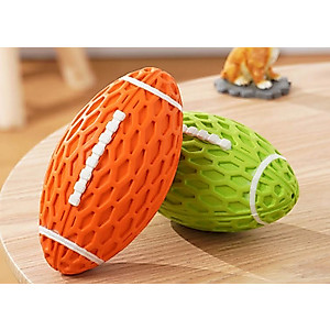 AUSCAT Dog Chew Squeaky Toy Ball, Dog Toy for Aggressive Chewers, Rugby Shape Rubber Chew Ball with Squeaker, Interactive Dog Ball for Fetch Game and Outdoor Play, Orange