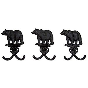 Rustic Black Bear Cast Iron Double Wall Hooks, Set of 3, 5.25 Inches