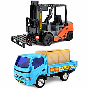 Big Daddy Trucks Combo: Friction-Powered Forklift & Pickup Truck with Extendable Loader and Cargo Boxes
