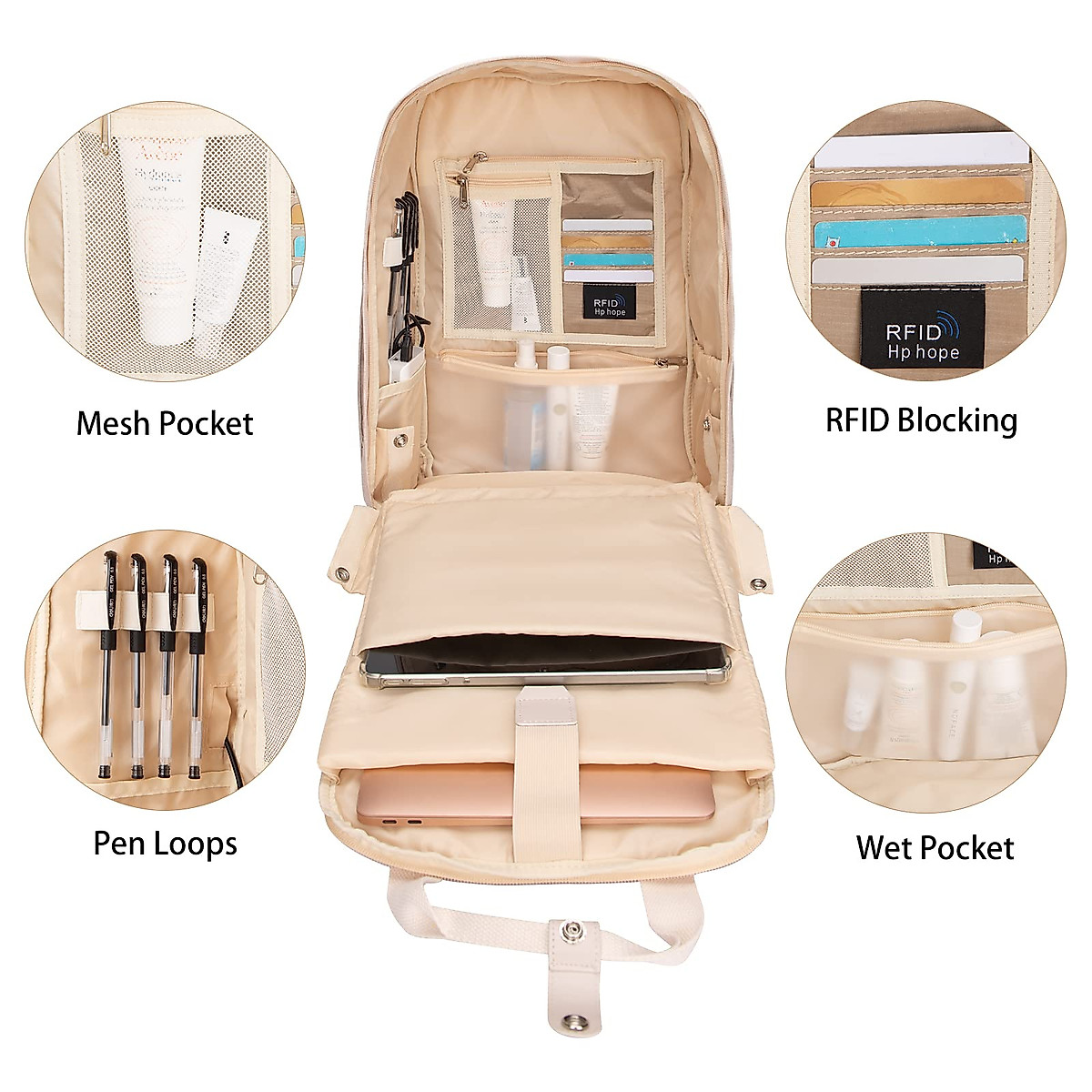 Hp hope Light Durable Smart Travel Backpack for Women Anti Theft RFID Work Backpack with USB Port & Wet Pocket TSA 15.6 Inch Laptop Backpack College School Bookbag (Beige)