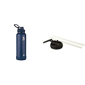 Takeya Actives Insulated Stainless Steel Water Bottle with Spout Lid, 40 Ounce, Midnight Blue & Actives Straw Lid for Insulated Water Bottle, Wide Mouth, Black