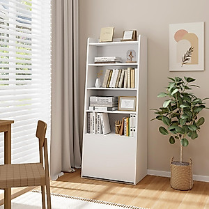 Giantex 6-Tier Bookcase, Freestanding Ladder Bookshelf with 2 Adjustable Shelves & Flip Up Door, Multifunctional Display Stand with Anti-Tipping Kit for Living Room Bedroom Home Office, White