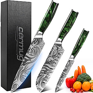Chef Knife Set for Kitchen, 3Pcs German Carbon Stainless Steel Kitchen Knife, Professional Chefs Knife Set Ultra Sharp Chef Knife for Home, Restaurant (Green Handle)
