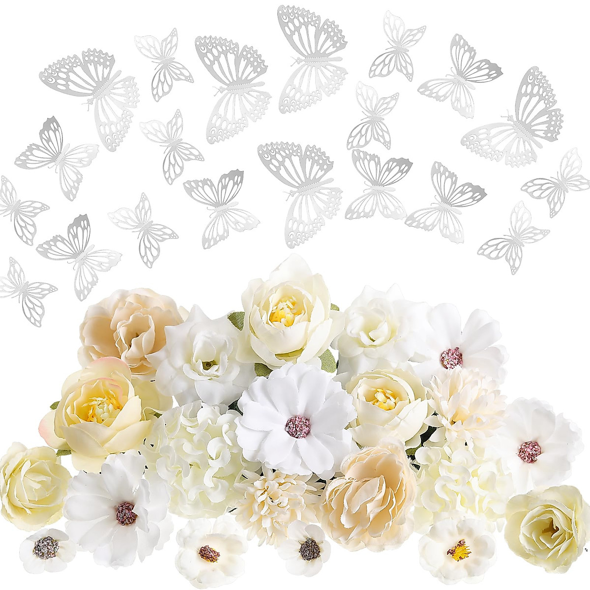 Canlierr 32 Pcs DIY Graduation Cap Decorations Accessory Kit Include Faux Flower Heads 3D Butterfly Grad Cap Decorations (White Tone)