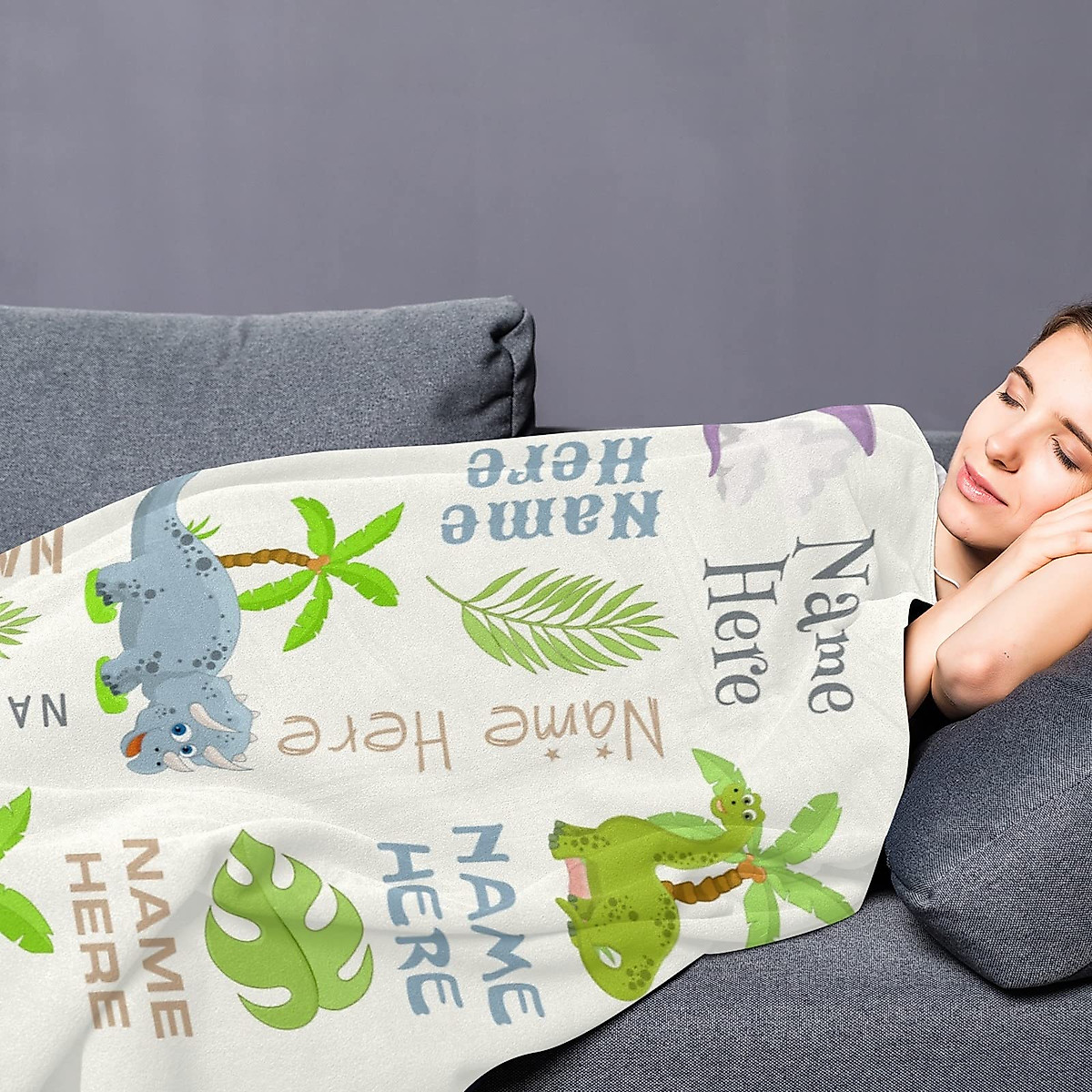 Personalized Dinosaur Throw Blanket for Kids Boys, Dinosaur Design Custom Name Baby Blanket, Baby Swaddle Blankets with Cute Animal, Customized Swadding Blanket for Toddler Newborn Birthday Gifts
