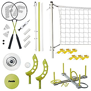 Franklin Sports Fun 5 Combo Outdoor Game Set - Backyard, Beach + Camping Games for Kids - Badminton, Volleyball, Flip Toss, Flying Disc - Horseshoes or Ring Toss