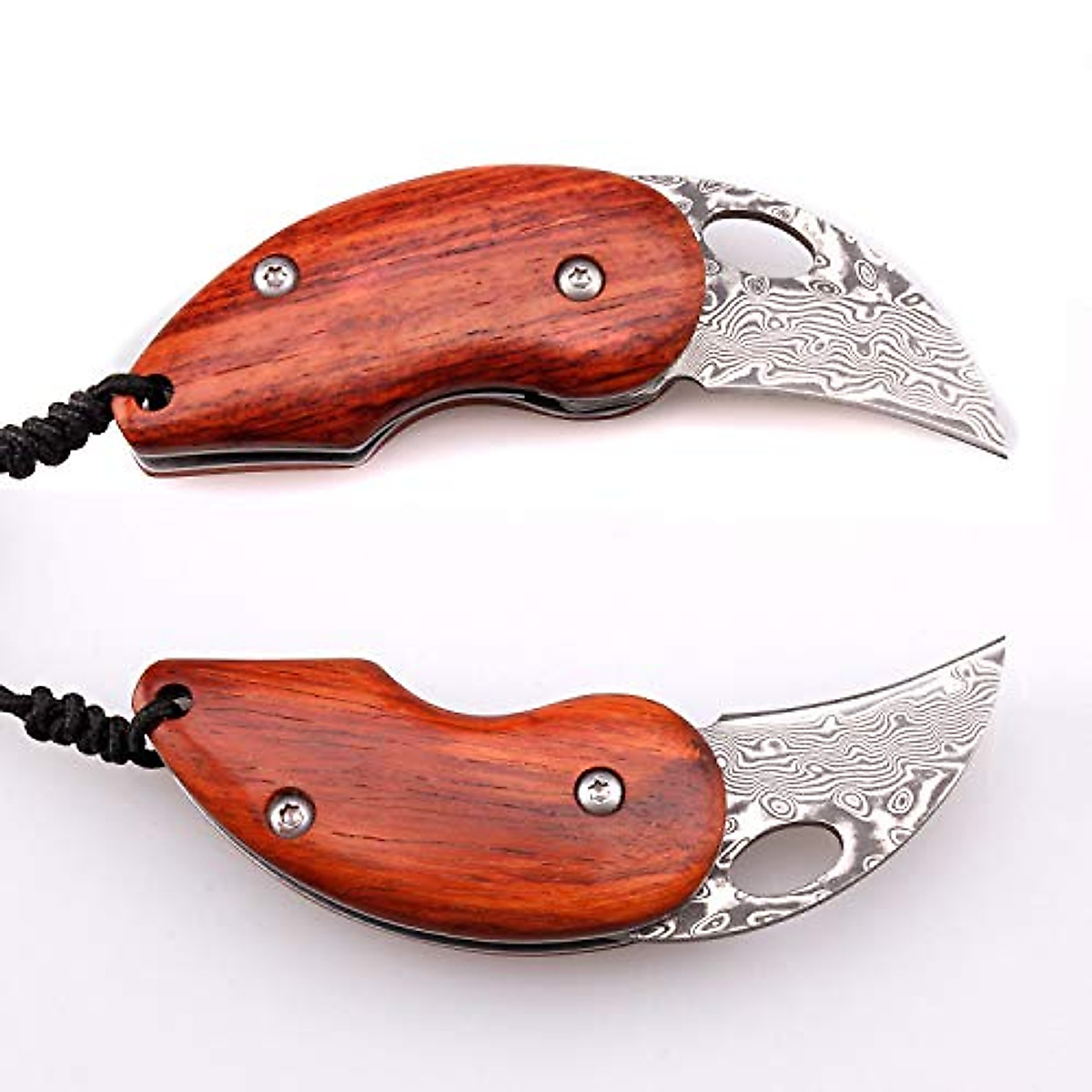 Samior Small Penguin Damascus Mini Karambit Folding Pocket Knife, 1.38" Claw VG10 Blade with Thumb Hole Open, Rosewood Handle with liner Lock and Lanyard Leather Sheath, 2.1oz