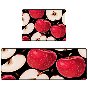 Kitchen Rugs and Mats Set of 2 Pieces Anti Fatigue Standing Mat Watercolor Red Apple Black Non Slip Washable Comfort Flooring Carpet Runner for Kitchen Home