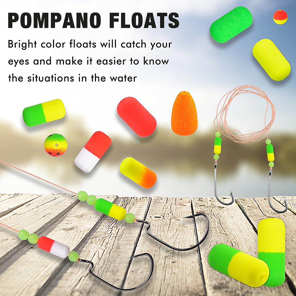 SILANON Pompano Rigs Floats Beads Kit,Foam Snell Fishing Floats Bobbers for Surf Fishing Live Bait Walleye Rig Making Accessories Bullet Cylinder Float for Trout Catfish