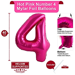 40 Inch Hot Pink Number 4 Balloon Large Size Jumbo Digit Mylar Foil Helium Bright Pink Balloons for Birthday Party Celebration Decorations Graduations Anniversary Baby Shower Photo Shoot