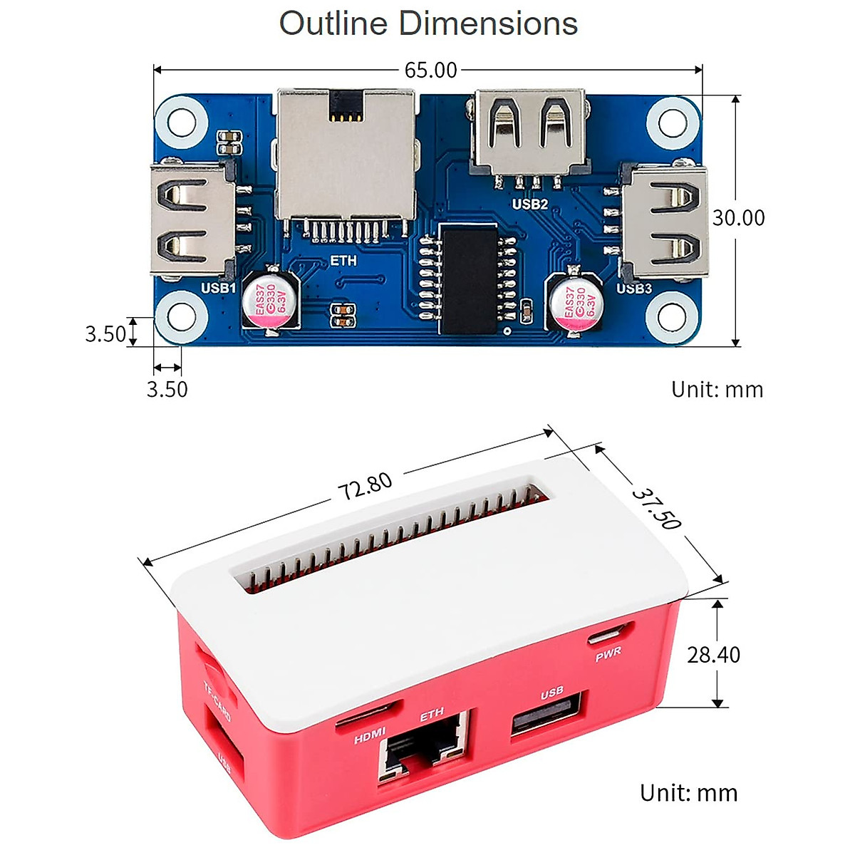 Ethernet/USB HUB HAT Board with ABS Case for Raspberry Pi Zero 2 W/Zero 2WH/Pi Zero/Zero W/Zero WH,with 3X USB Ports, Compatible with USB 2.0/1.1 and 1x RJ45 Ethernet Port 10/100M Auto-Negotiation
