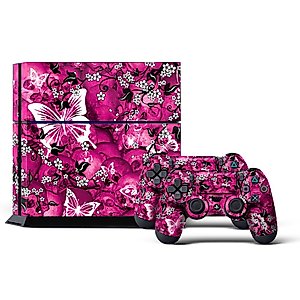 PS4 Console Designer Skin for Sony PlayStation 4 System plus Two(2) Decals for: PS4 Dualshock Controller Pink Butterflies
